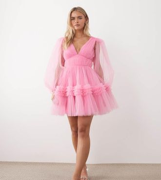 Lace & Beads Petite Robe courte en organza &agrave; manches ballon - Rose vif-Orange