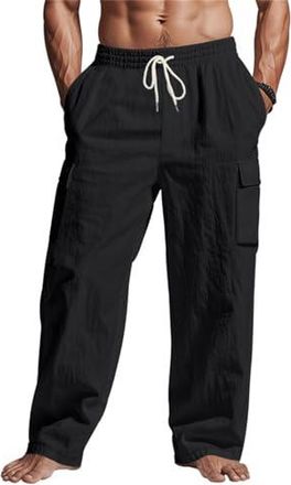 Generic Pantalon de sport en lin pour homme - Pantalon de jogging avec poches multiples - Pantalon en lin avec taille &eacute;lastique - Pantalon de surv&ecirc;tement - Pa