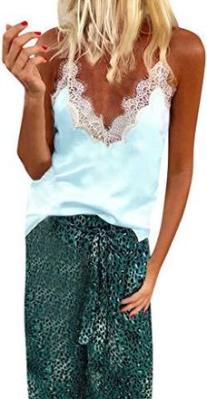 Generic Camisole basique tendance sans manches pour femme - En satin de soie - D&eacute;bardeurs de sortie - Coupe ample - Bretelles spaghetti - Dentelle - D&eacute;contrac