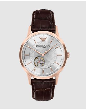 Emporio Armani Archetipo montre automatique en cuir marron et or rose-Dor&eacute;