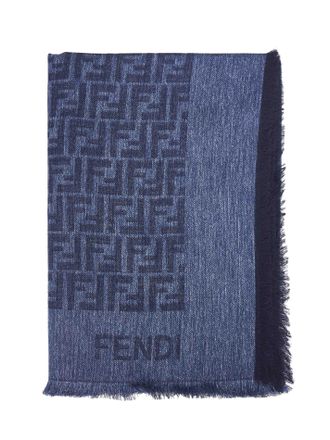 Fendi Womens Shawl Ff Denim Blue Cotton-Wool Scarf Scarfs