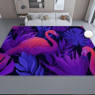 Generic Violet Tapis pour Salon 140 x 200 cm, Lavables avec Dos Antid&eacute;rapant, Tapis &agrave; Poils Courts Imprim&eacute; Tropical Plantes Flamant Rose pour Cuisine Salle &agrave; 