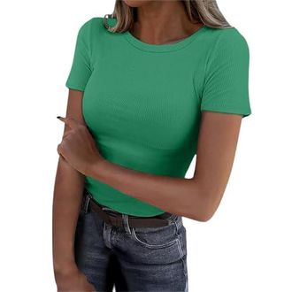 Generic T-shirt &agrave; manches courtes pour femme - Col rond - Maille c&ocirc;tel&eacute;e - Coupe ajust&eacute;e - T-shirt basique d&eacute;t&eacute; d&eacute;contract&eacute;, vert, M