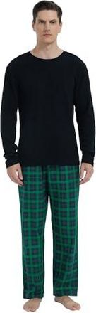 Global Homme Pyjama Flanelle Ensembles de Pyjama Homme Coton Vêtements de Nuit Haut Deux Pièces Chaud Pyjama Sets Col Rond à Manches Longues Carreaux Bleu Ve