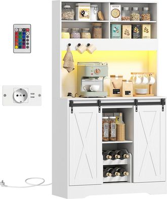 HOMCOM Hoher rustikaler K&uuml;chenschrank 180 cm, Vorratsschrank mit Ladesteckdosen, LED-Beleuchtung, Flaschenhalter, Mikrowellenablage, offene Regale, Schiebet&uuml;