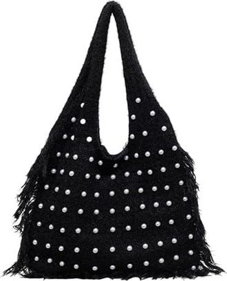 Generic Sac de plage en tricot boh&egrave;me avec perles dimitation pour femme - Sac &agrave; main au crochet sous les bras pour le voyage et le travail, Noir, 350*60*260mm