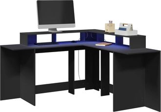 Generic Moderner L-förmiger Büroschreibtisch aus Schwarzer Eiche, 130 X 130 X 91 cm, Holzwerkstoff mit Ablage, Beleuchtung und Kabelmanagement für (Schwarz)