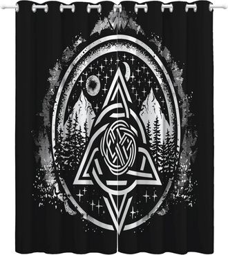 Generic Vorhang Schwarz Blickdicht Gardinen Geometrischer Wikinger Runenkreis Bedruckt Vorhang, H215 x B220 cm Vorhang mit &Ouml;sen Landhaus Deko Verdunkelung Vor