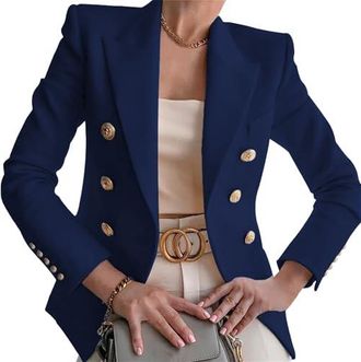 Generic Blazer Femme Business Casual &agrave; Manches Longues, Ouvert sur Le Devant, Coupe Classique, crois&eacute;, Bleu Marine, Taille S, id&eacute;al pour lautomne et Le Bureau
