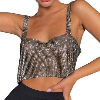 Generic D&eacute;bardeurs mignons &agrave; paillettes pour femme avec strass &eacute;tincelants et col carr&eacute;, chemises basiques sans manches &agrave; paillettes brillantes Y2K, d&eacute;bardeur