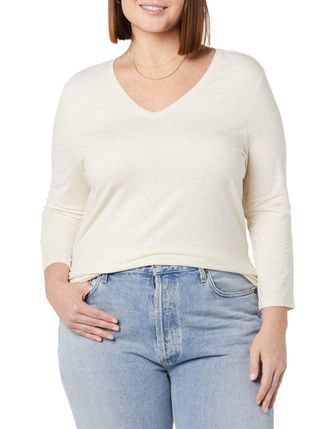 Amazon Essentials Damen-T-Shirt, Klassische Passform, 3/4-&Auml;rmel, V-Ausschnitt, erh&auml;ltlich in &Uuml;bergr&ouml;&szlig;e, Oatmeal Heather, Gr&ouml;&szlig;e M