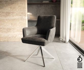 DELIFE Drehstuhl Heira-Flex mit Armlehnen Mikrofaser Anthrazit Vintage Kreuzgestell breit Edelstahl 360&deg; drehbar Taschenfederkern, Esszimmerst&uuml;hle