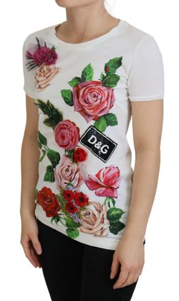 Dolce & Gabbana Womens White Rose Dglogo Printed Short Sleeves Top Cotton