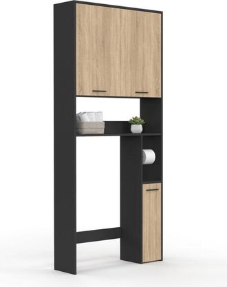 IDMarket Idmarket - Meuble &eacute;tag&egrave;re dessus wc wallis noir et bois fa&ccedil;on h&ecirc;tre