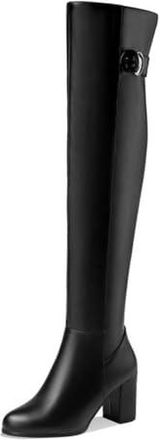 Generic Noir,42 EU,Bottes Hautes en Cuir PU pour Femmes, Bout Rond, Talons Hauts et épais avec Fermeture éclair latérale, Bottes Longues et Hautes pour lautom