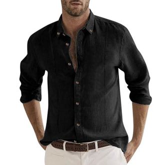 Generic Chemises &agrave; manches longues en lin pour homme - Chemise de plage blanche - Chemises de plage hautes en coton - D&eacute;contract&eacute;es - Col rond - T-shirt &eacute;pais