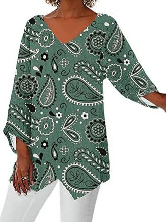 Onsoyours Femme Tunique À 3/4 Manches Longues Chemise Élégant Imprimée Blouses Casual Vintage Ample Swing T-Shirt Grande Taille Comfortable Chemisier Hauts Pull