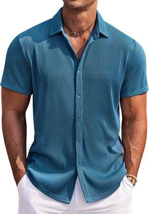 Coofandy Hemd Herren Kurzarm Leichte Sommerhemd Freizeit Strand Herrenhemd Seeblau XXXL