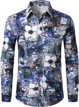 PARKLEES Chemise boutonn&eacute;e &agrave; manches longues en coton et lin pour homme Motif traditionnel r&eacute;tro ann&eacute;es 70, bleu/blanc, S
