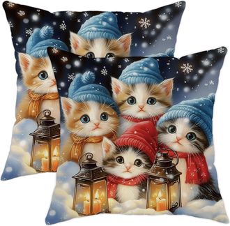 Generic Winter-Katzen-Kissenbezüge, 2er-Set, gemütliche Kätzchen mit Laternen und Hüten, niedliche saisonale dekorative Wurfkissen für Zuhause, Sofa, Bett, Co