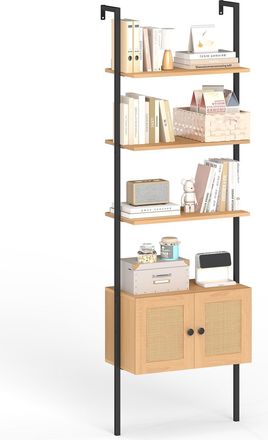Giantex Leiterregal, 5-stufiges Bücherregal mit 1 Schrank, platzsparender Regal mit Metallgestell, 60 x 31,5 x 184 cm, Ausstellungsregal Pflanzenständer für W