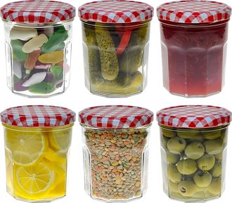 COS Menage Jar Menage Jar 324 ml, 6 Stück, Weithalsglas, Einmachgläser, Schraubverschluss, roter Gingham-Deckel, luftdichte Einmachgläser, hausgemachte Ma