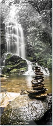 Pixxprint Glasbild Panorama, Wandbild aus Echtglas, Zen Steine vor Wasserfall, 100x40 cm, inkl. Aufhängung und Abstandshalter