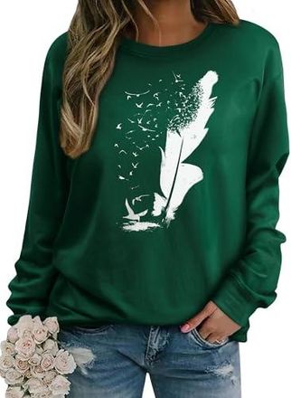 Dresswel Pull pour femme - Imprim&eacute; plume - Sweat-shirt &agrave; manches longues - Col rond - Manches longues - Automne - Hiver - Hauts - Chemisier, 2-vert, M