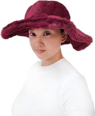 Lina & Lily Grand Chapeau Bob Hiver Femme à Larges Bords Fausse Fourrure (Rouge Foncé)