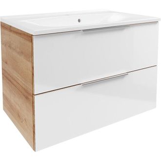 Fackelmann B.brillant Badm&ouml;belset 80cm - Ast Eiche - Glas Wei&szlig;