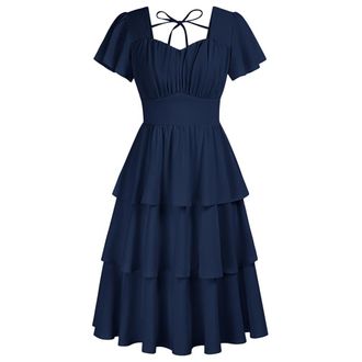 Belle Poque Damen Lotusblatt-Kurzarmkleid aus Chiffon mit A-Saum und Herzkragen Marineblau (57 Marineblau) M