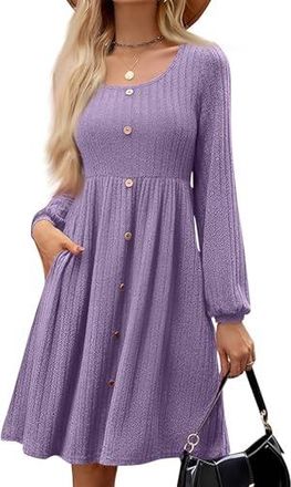 Generic Robe Tricot Femme Hiver Élégante à Manches Longues avec Boutons et Poches Col Rond Style Décontracté pour Automne Hiver Mauve XXL