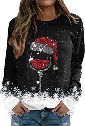 Generic Pull de Noel Femme Pull Moche de Noel Sweatshirt a Manches Longues pour Femme Col Rond Imprimé Verre a Vin Et Chapeau Style Décontracté de Noël