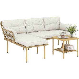 OUTSUNNY Salon de jardin exterieur - Outsunny - 4 personnes 3 pi&egrave;ces - avec 1 table basse coussins - r&eacute;sine tress&eacute;e - cr&egrave;me
