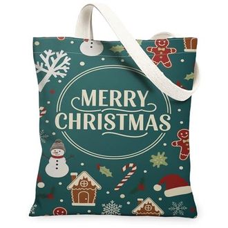 Generic Sacs fourre-tout en toile de No&euml;l, sacs r&eacute;utilisables avec imprim&eacute; bonhomme de neige et pain d&eacute;pices, vintage, l&eacute;ger, lavable, vert, 13x15 Inch