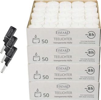 Edzard Set 200 Teelichter (8 Stunden) weiß, ohne Duft - plus 3 Mini-Stabfeuerzeuge - Teelichtkerzen im Acryl-Cup