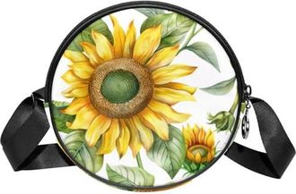 Generic Petit sac &agrave; bandouli&egrave;re rond pour femme, motif tournesol avec fermeture &eacute;clair, bretelles r&eacute;glables, style d&eacute;contract&eacute;, pour femmes et filles