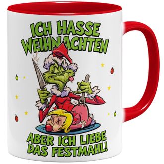 OM3 lustige Ich hasse Weihnachten Kaffee-Tasse mit Spruch - freche Weihnachtstasse Festessen - Keramik Becher - 325ml - Beidseitig Bedruckt - Rot