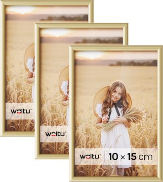 Woltu Bilderrahmen 10x15 cm, 3 Set, Fotorahmen Gold, Aluminium, mit Passepartout, zum vertikalen oder horizontalen Aufh&auml;ngen/Aufstellen, f&uuml;r Fotos, Bilder