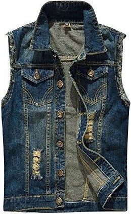 ShiFan Hommes R&eacute;tro Veste Denim sans Manches Gilets D&eacute;chir&eacute; Jeans Veste Casual Outwear Bleu 5XL