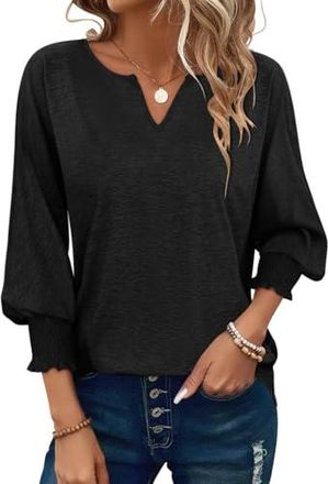 Onsoyours Tee Shirt Femme Manches 3/4 Col en V T-Shirt Ete Décontracté Haut Basic Top A Noir L