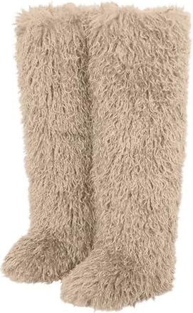 Generic Bottes dhiver en laine dagneau pour femme - Bottes hautes - Bottes longues avec bout rond - Bottes au-dessus du genou pour femme - 41, beige, 41 EU