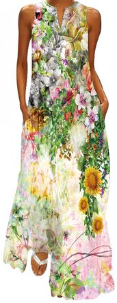 Ocean Plus Damen Ärmelloser Langer Rock V-Ausschnitt Bedrucktes Blumenkleid Ärmelloses Maxikleid mit V-Ausschnitt (5XL, Sonnenblumen in Aquarellmalerei)