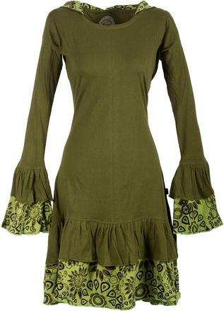 vishes Alternative Bekleidung - Lagenlook Langarm Elfenkleid mit Zipfelkapuze und R&uuml;schen olivegr&uuml;n 48/50