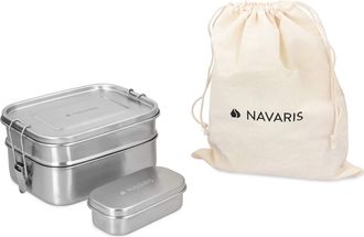 Navaris Brotdosen Set 3-teilig - Doppeldecker Lunch Box aus Edelstahl inkl. Mini Beh&auml;lter - Doppel Brotbox Vesperdose Box Metall Beh&auml;lter