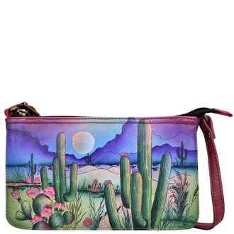 Anuschka Damen Womens Hand-Painted Leather Crossbody Organizer Umhängetasche, handbemalt, echtes Leder, Desert Moon