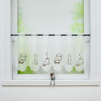 Joyswahl Voile Scheibengardine mit Kaffee-Stickerei transparente Bistrogardine Küche Kurzstore HxB 45x120cm Weiß 1 Stück