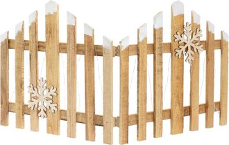 ECD Germany Deko Holz Zaun Natur mit 30 LED in Warmwei&szlig;, 77x38 cm, inkl. 2 Schneeflocken, batteriebetrieben mit Timer, Mini Gartenzaun beleuchtet mit Kunstschnee 