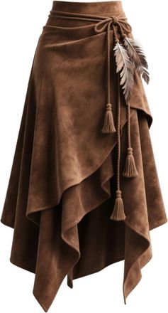 Generic Asymmetrische R&uuml;schenr&ouml;cke im Western-Boho-Country-Cowgirl-Stil, Langer Vintage-Rock aus Kunstwildleder mit elastischem Bund und hoher Taille f&uuml;r Dame