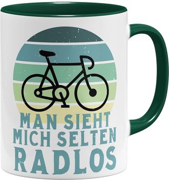 OM3 Fahrrad Tasse mit Spruch - Man Sieht Mich selten Radlos - Keramik Becher - 11oz 325ml - Beidseitig Bedruckt - Grün